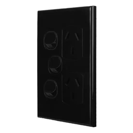 Double GPO with Extra Switch Vertical 10A 240V AC BLACK