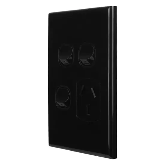 Single GPO + 2 Extra Switches Vertical Black 10A 240V AC