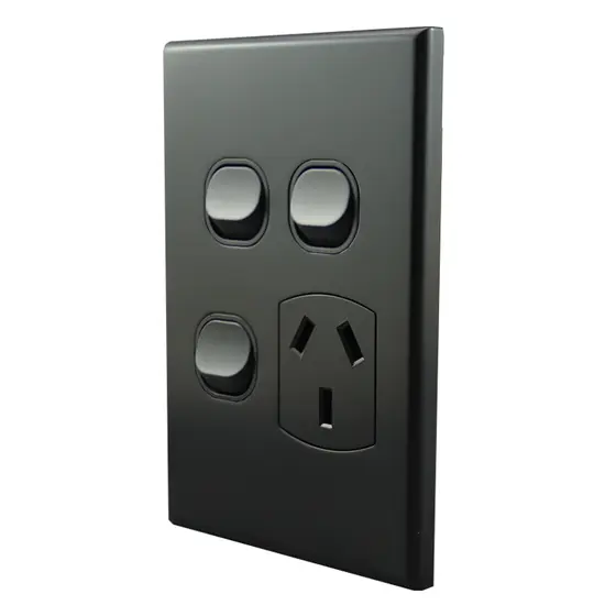 Matte Black Single GPO + 2 Extra Switches Vertical 10A 250V AC