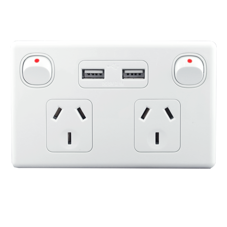 Double Power Point with Dual USB Charger 250V AC 5V 3.1A