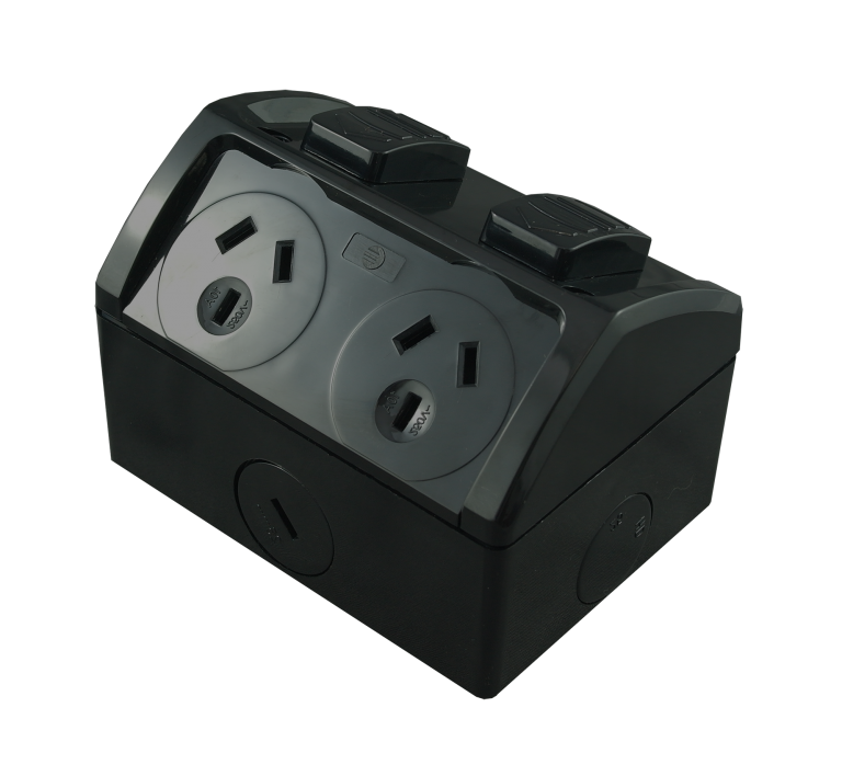 Double Weatherproof GPO Black 10A 250V AC IP53 Integrated