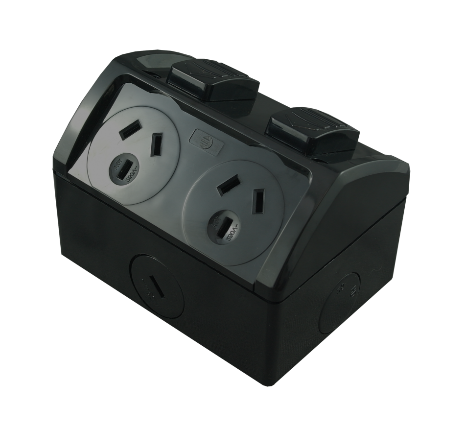 Double Weatherproof GPO Black 10A 250V AC IP53 Integrated